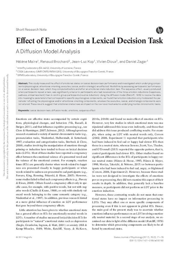 (PDF) Effect of emotions in a lexical decision task : A Diffusion Model ...