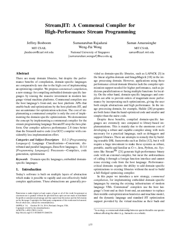 (PDF) StreamJIT (a commensal compiler for high-performance stream programming)