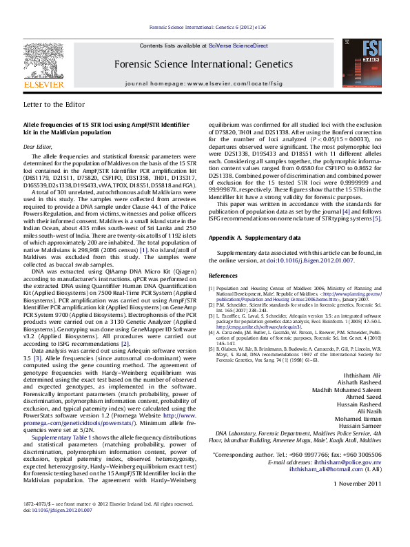 (PDF) Allele frequencies of 15 STR loci using AmpF/STR identifiler kit ...