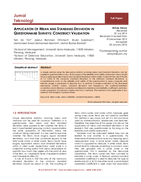 Pdf Application Of Mean And Standard Deviation In Questionnaire Surveys Construct Validation
