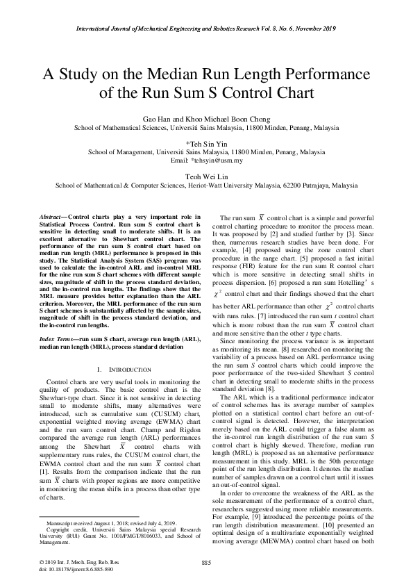 (PDF) A Study on the Median Run Length Performance of the Run Sum S Control Chart