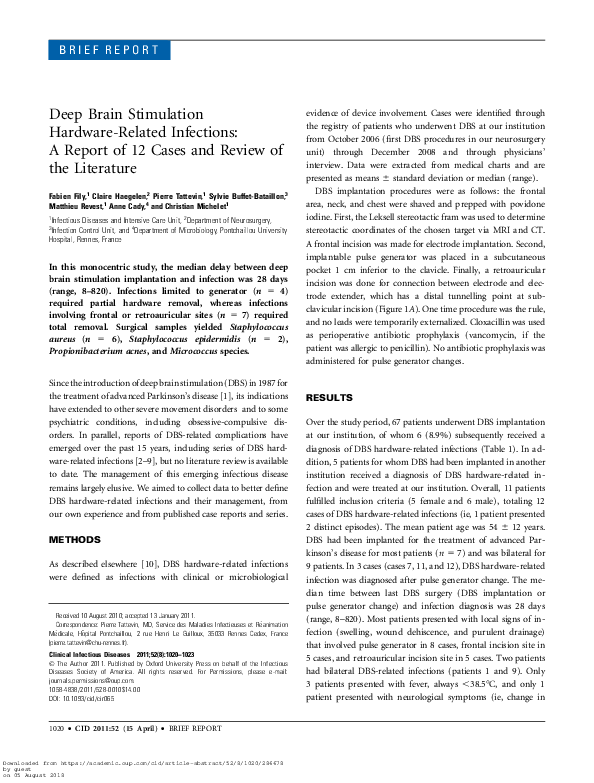 Deep Brain Stimulation Hardware-Related Infections: A Report of 12 ...