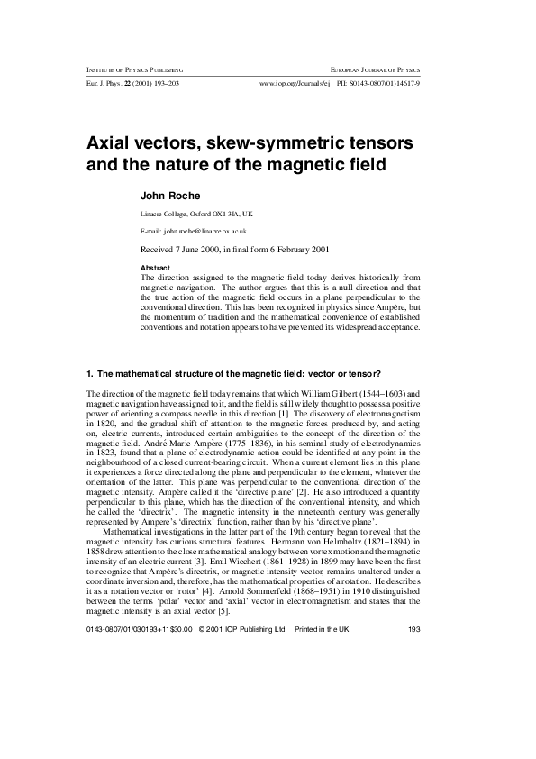 (PDF) Axial vectors, skew-symmetric tensors and the nature of the ...