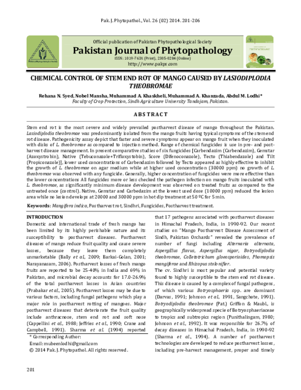 (PDF) Chemical Control of Stem End Rot of Mango Caused by Lasiodiplodia Theobromae