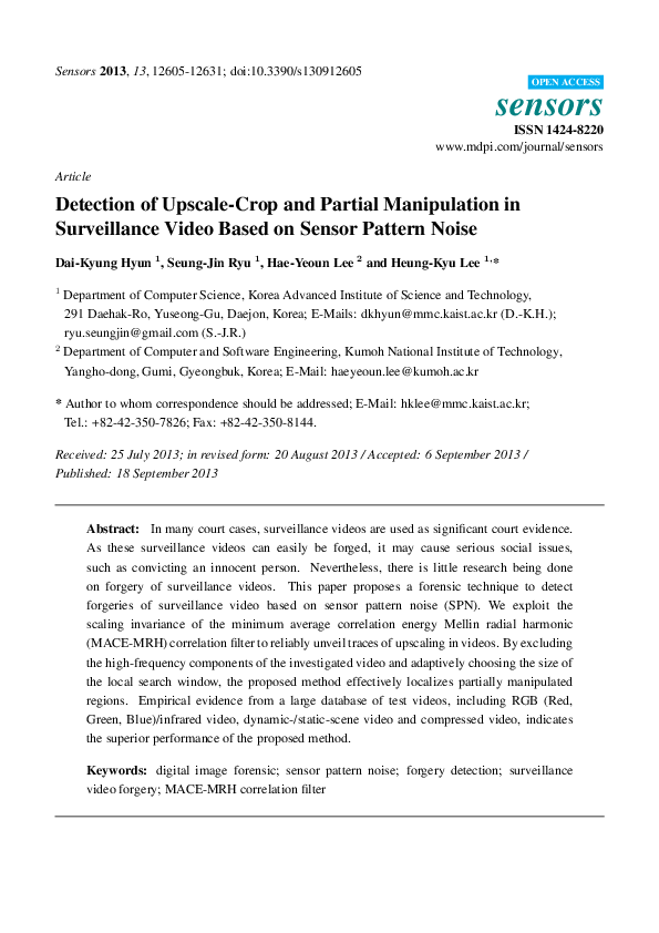 (PDF) Detection of upscale-crop and partial manipulation in surveillance video based on sensor ...