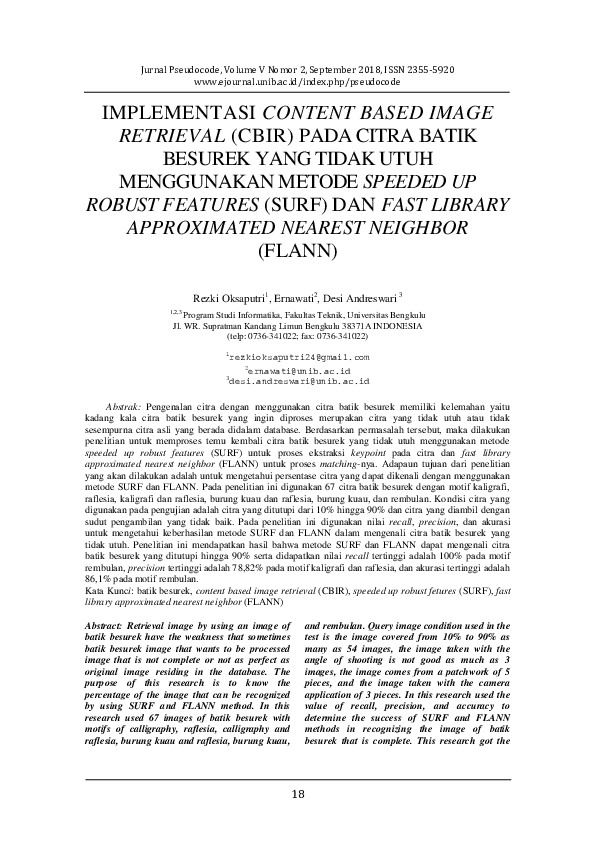 (PDF) Implementasi Content Based Image Retrieval (CBIR) Pada Citra Batik Besurek Yang Tidak Utuh ...