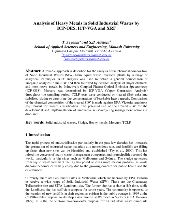 (PDF) Analysis of Heavy Metals in Solid Industrial Wastes by ICP-OES ...