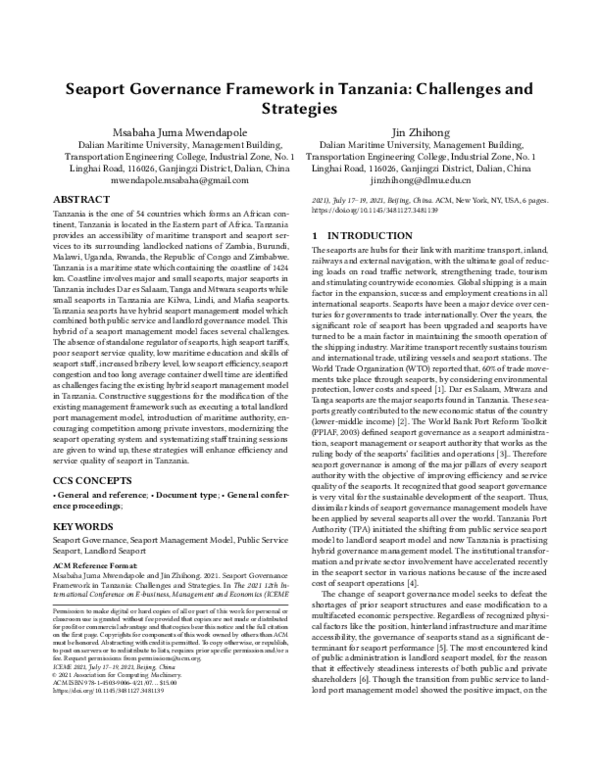 Pdf Seaport Governance Framework In Tanzania Challenges And Strategies