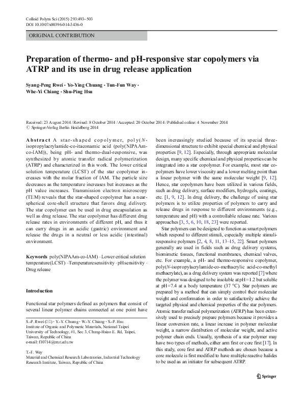 (PDF) Thermo- and pH-Responsive Star Copolymers for Drug Release