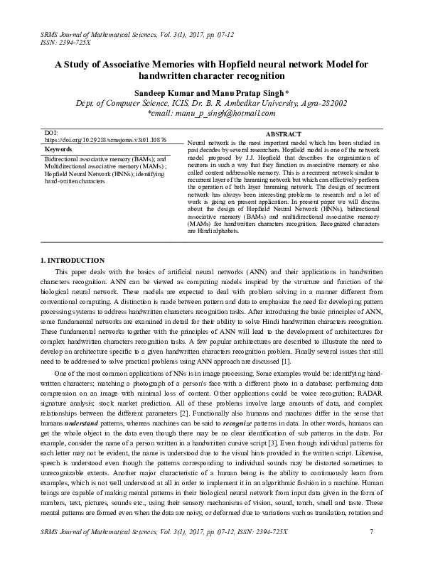 (PDF) A Study of Associative Memories with Hopfield neural network Model for handwritten ...
