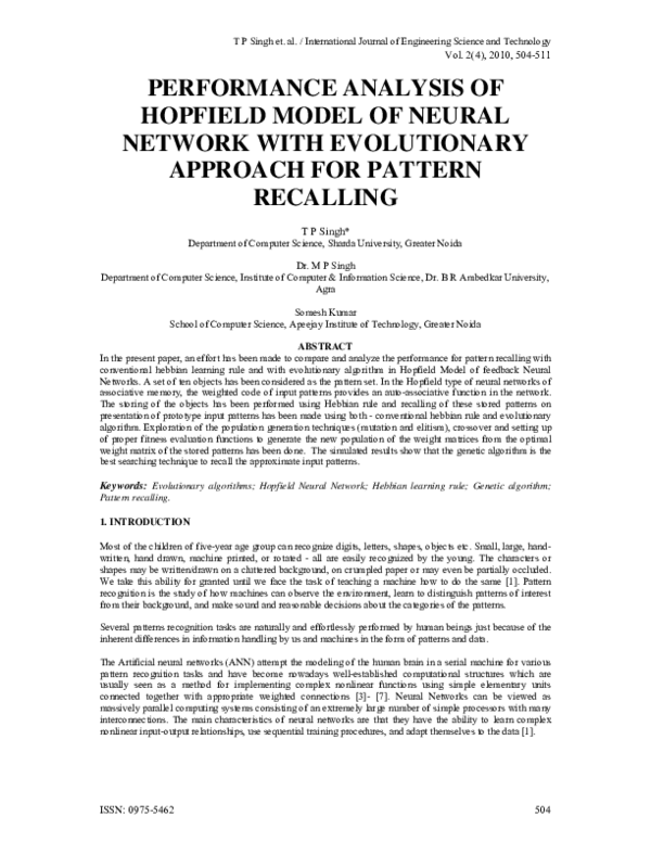 (PDF) Performance Analysis of Hopfield Model of Neural Network with ...