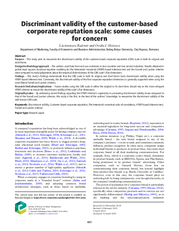 (PDF) Discriminant validity of the customer-based corporate reputation ...