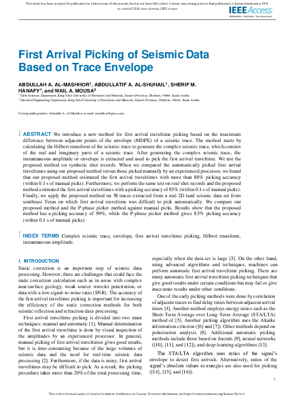 (PDF) First Arrival Picking of Seismic Data Based on Trace Envelope