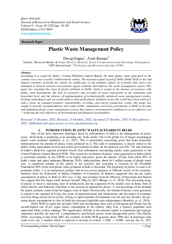 (PDF) Plastic Waste Management Policy