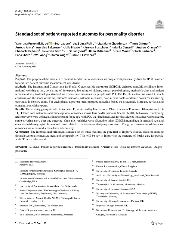 Pdf Standard Set Of Patient Reported Outcomes For Personality