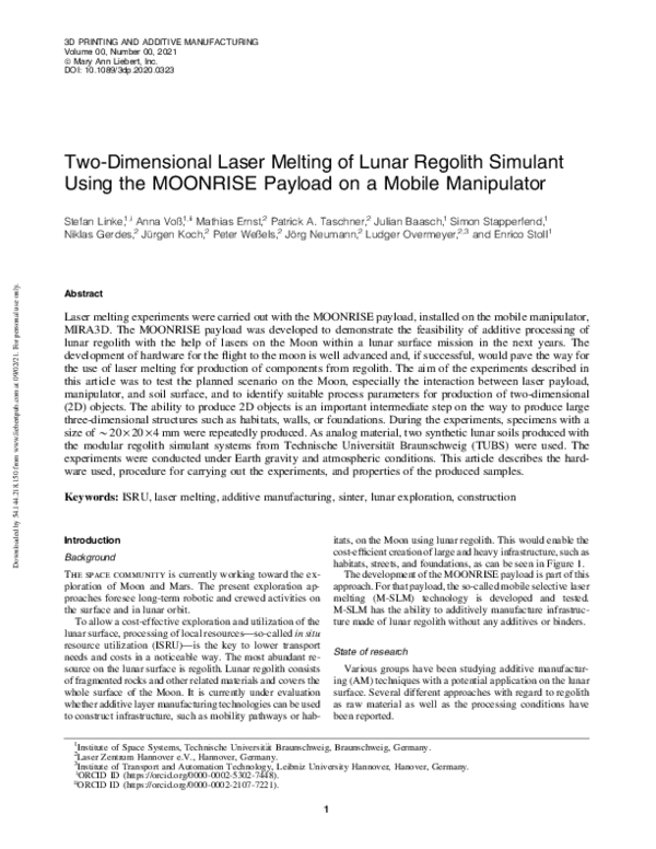 (PDF) Two-Dimensional Laser Melting of Lunar Regolith Simulant Using the MOONRISE Payload on a ...