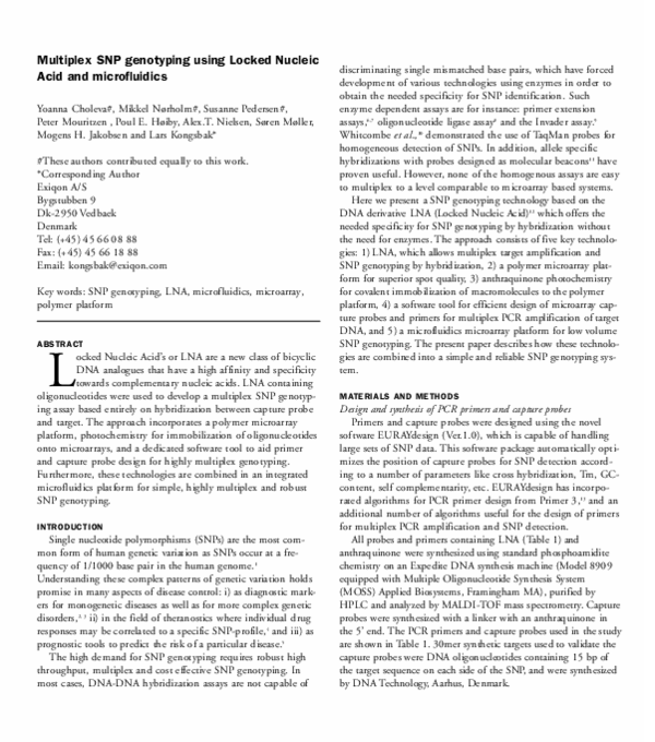 (PDF) Multiplex SNP genotyping using Locked Nucleic Acid and microfluidics | Mogens Jakobsen ...