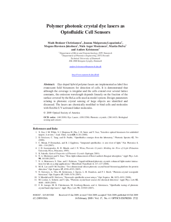(PDF) Polymer photonic crystal dye lasers as Optofluidic Cell Sensors