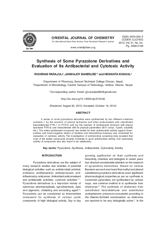 (PDF) Synthesis of Some Pyrazolone Derivatives and Evaluation of its Antibacterial and Cytotoxic ...