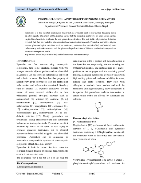 (PDF) Pharmacological Activities of Pyrazolone Derivatives