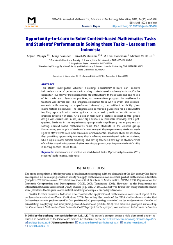 (PDF) Opportunity-to-Learn to Solve Context-based Mathematics Tasks and Students’ Performance in ...