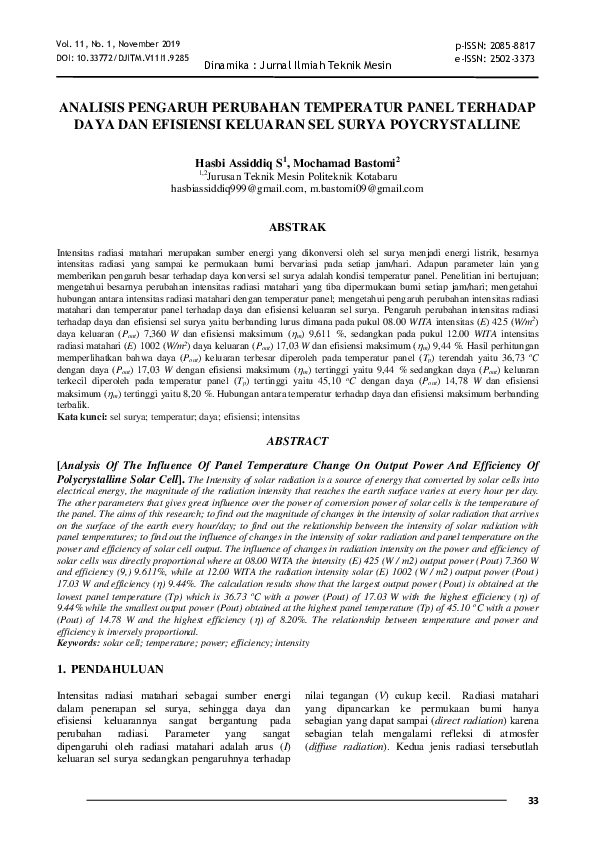 (PDF) Analisis Pengaruh Perubahan Temperatur Panel Terhadap Daya Dan Efisiensi Keluaran Sel ...
