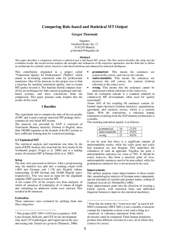 Pdf Comparing Rule Based And Statistical Mt Output