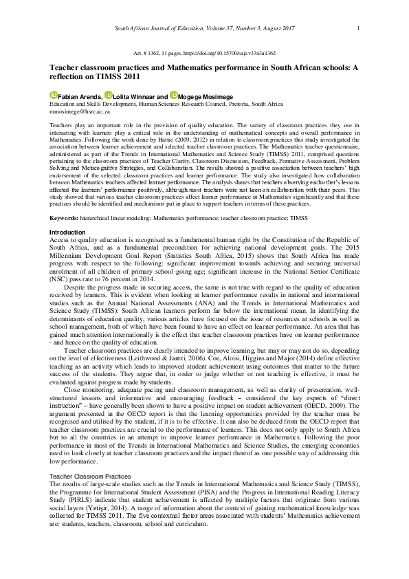 Pdf Teacher Classroom Practices And Mathematics Performance In South