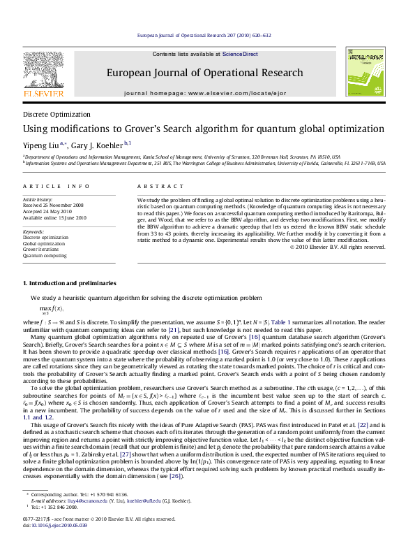 (PDF) Using modifications to Grover’s Search algorithm for quantum global optimization