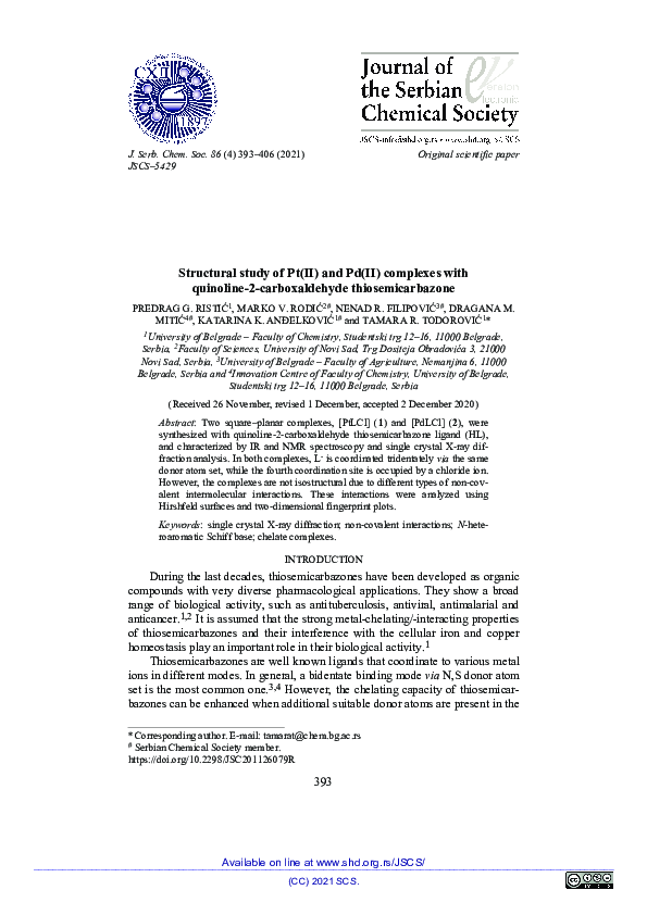 (PDF) Structural study of Pt(II) and Pd(II) complexes with quinoline-2-carboxaldehyde ...