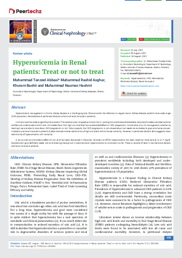 (PDF) Hyperuricemia in Renal patients: Treat or not to treat