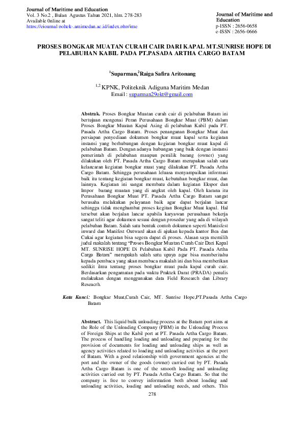 (PDF) Proses Bongkar Muatan Curah Cair Dari Kapal MT.SUNRISE Hope DI ...