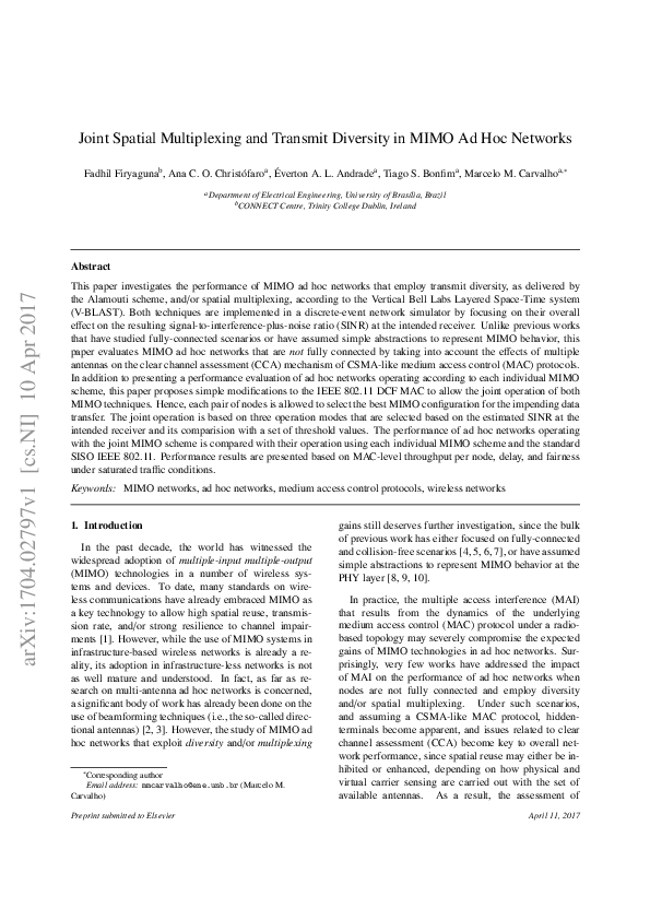 Pdf Joint Spatial Multiplexing And Transmit Diversity In Mimo Ad Hoc Networks 