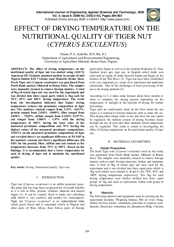 (PDF) Effect of Drying Temperature on the Nutritional Quality of Tiger Nut (Cyperus Esculentus)