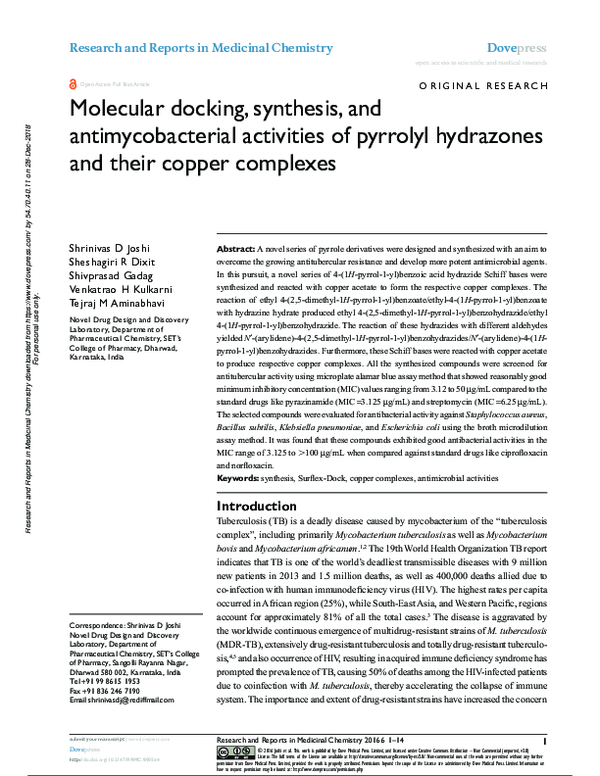 (PDF) Molecular docking, synthesis, and antimycobacterial activities of pyrrolyl hydrazones and ...