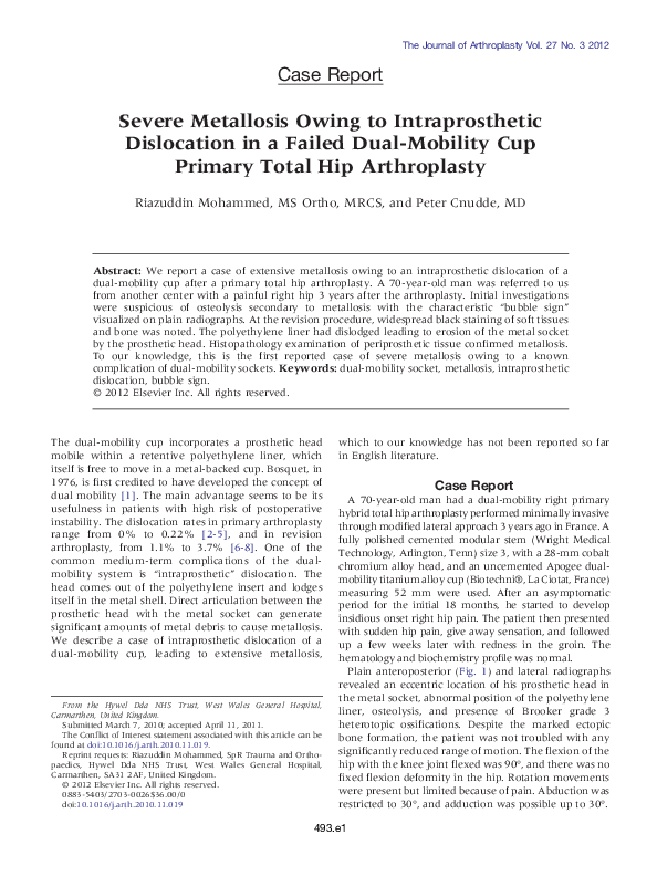 (PDF) Severe Metallosis Owing to Intraprosthetic Dislocation in a ...