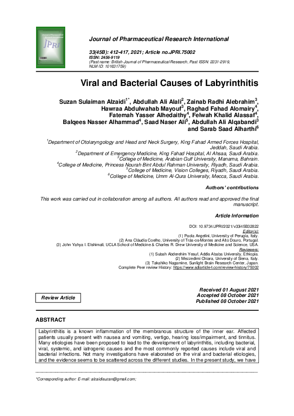(PDF) Viral and Bacterial Causes of Labyrinthitis