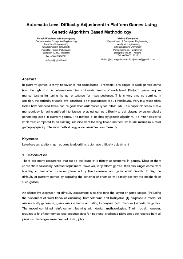 (PDF) Automatic level difficulty adjustment in platform games using genetic algorithm based ...