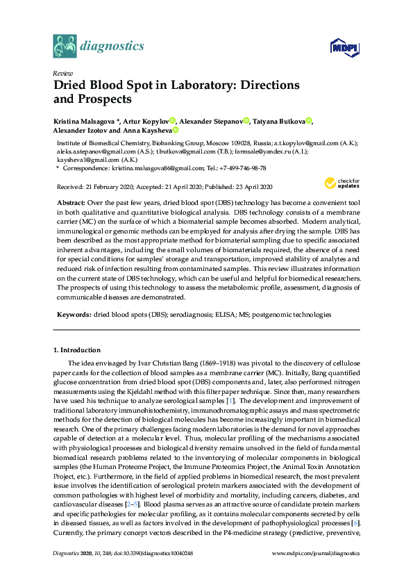 (PDF) Dried Blood Spot in Laboratory: Directions and Prospects