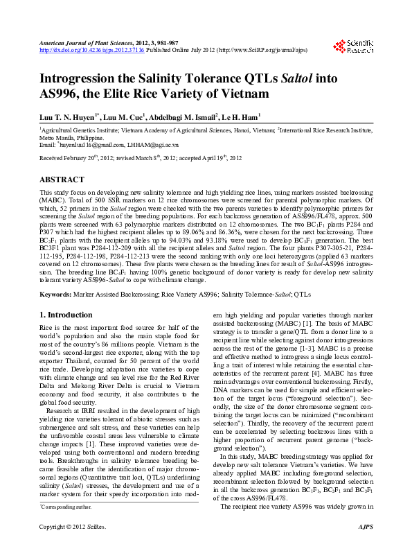 (PDF) Introgression the Salinity Tolerance QTLs Saltol into AS996, the ...