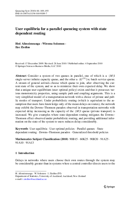 (PDF) User equilibria for a parallel queueing system with state dependent routing