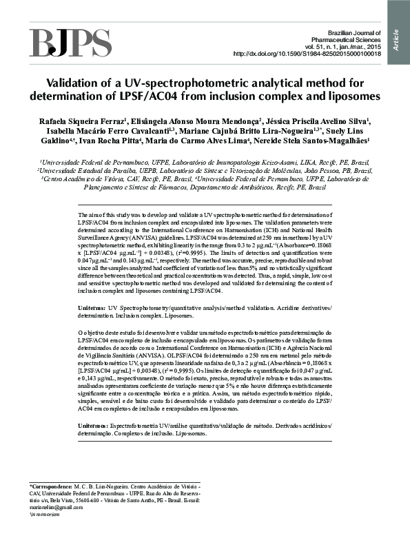 Pdf Validation Of A Uv Spectrophotometric Analytical Method For Determination Of Lpsf Ac04