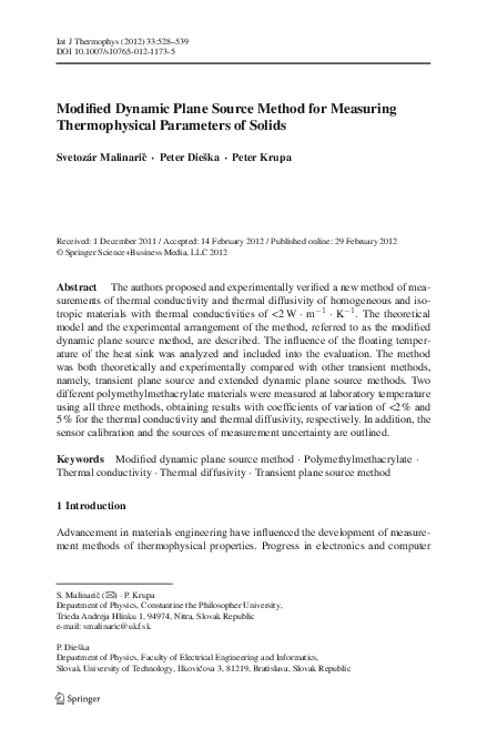 (PDF) Modified Dynamic Plane Source Method for Measuring Thermophysical Parameters of Solids