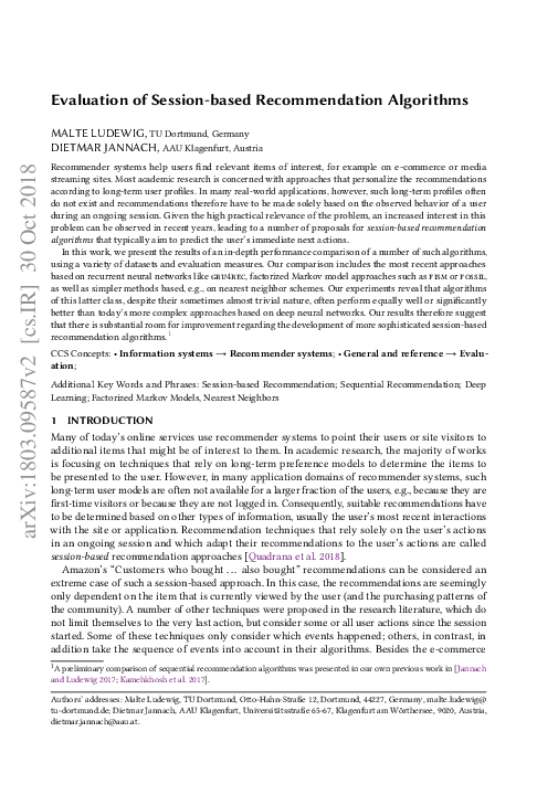 Pdf Evaluation Of Session Based Recommendation Algorithms 3094
