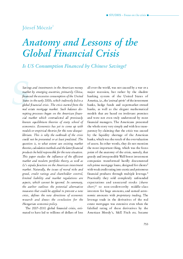 (PDF) Anatomy and Lessons of the Global Financial Crisis | József ...