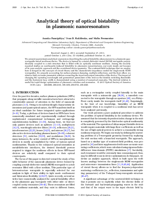 (PDF) Analytical theory of optical bistability in plasmonic nanoresonators