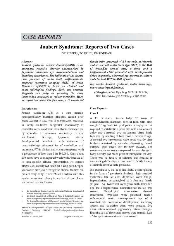 (PDF) Joubert Syndrome: Reports of Two Cases