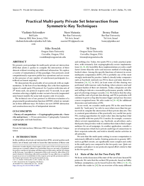 (PDF) Practical Multi-party Private Set Intersection from Symmetric-Key ...