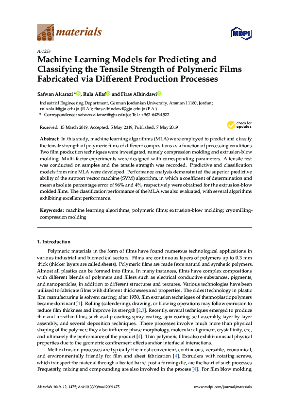 Pdf Machine Learning Models For Predicting And Classifying The Tensile Strength Of Polymeric