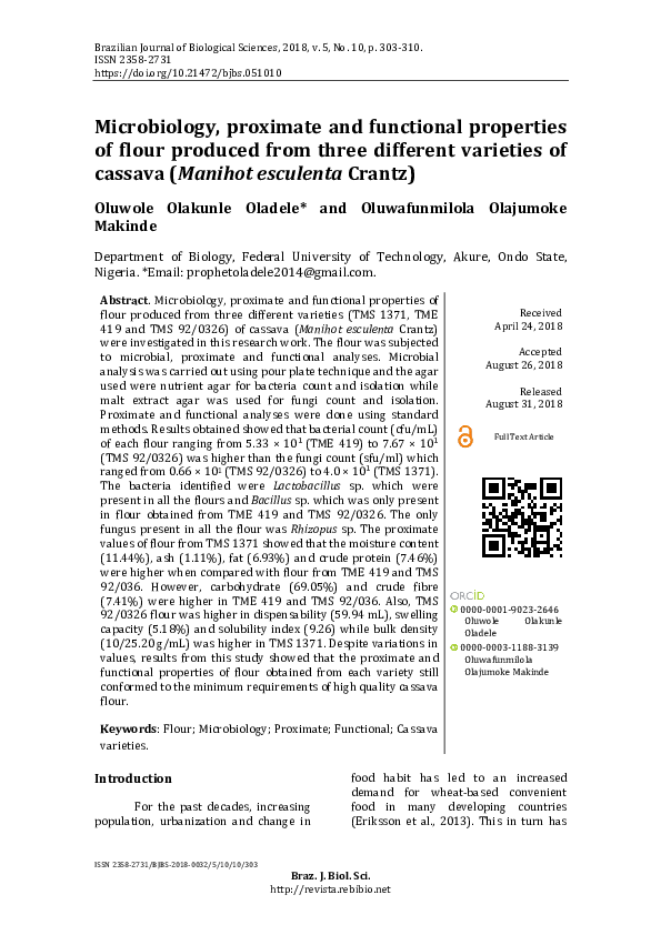 (PDF) Microbiology, proximate and functional properties of flour produced from three different ...
